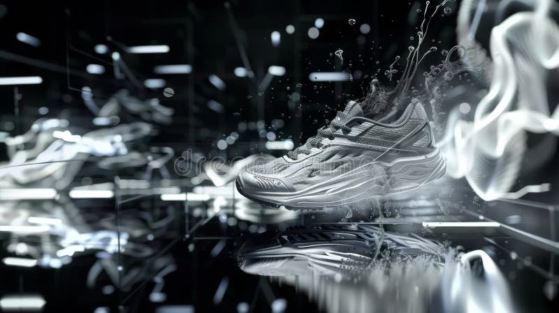 Dynamic Image of a Sleek Silver Running Shoe in Motion with Futuristic ...