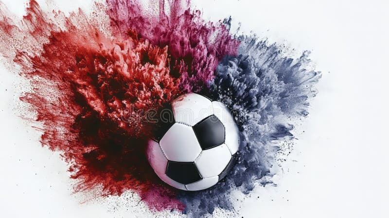 Dynamic Image of a Soccer Ball with Vibrant Red and Blue Powder ...