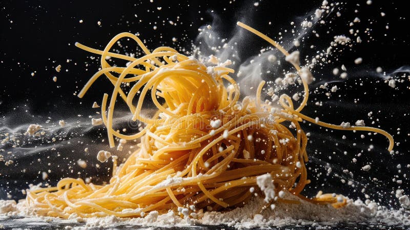 Flying Spaghetti with Flour Explosion Stock Illustration - Illustration ...