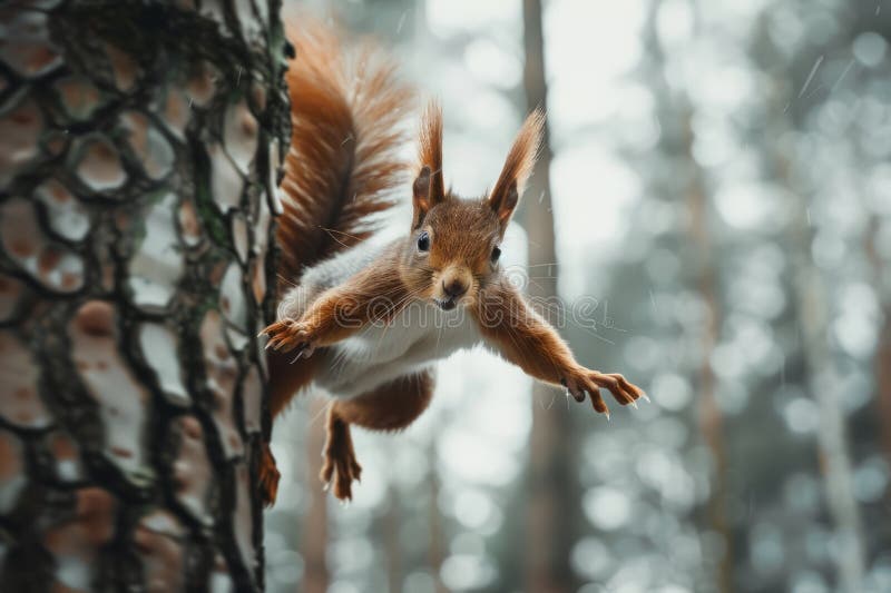 A Vivid Close-up of a Lively Squirrel Leaping from a Tree in a Forest ...