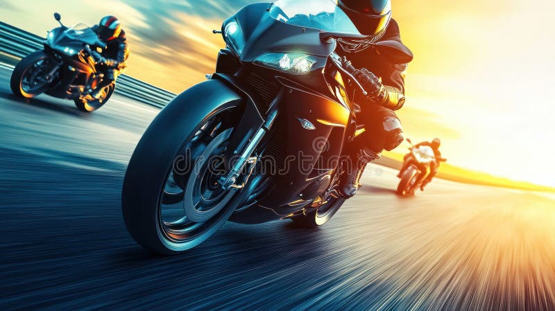 Dynamic Image of Three Motorcycles Racing Fast on a Track with a ...