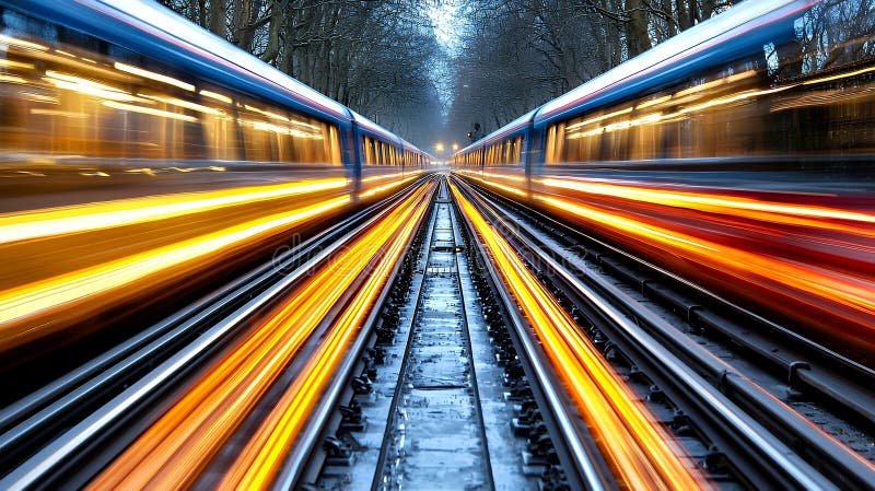 Speeding Trains Passing on Tracks with Motion Blur and Illuminated ...
