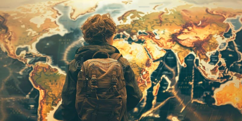 Dynamic Image of a Traveler Exploring a World Map Filled with Different ...