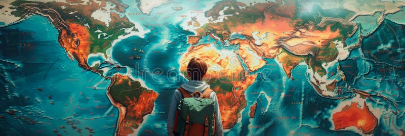 Dynamic Image of a Traveler Exploring a World Map Filled with Different ...