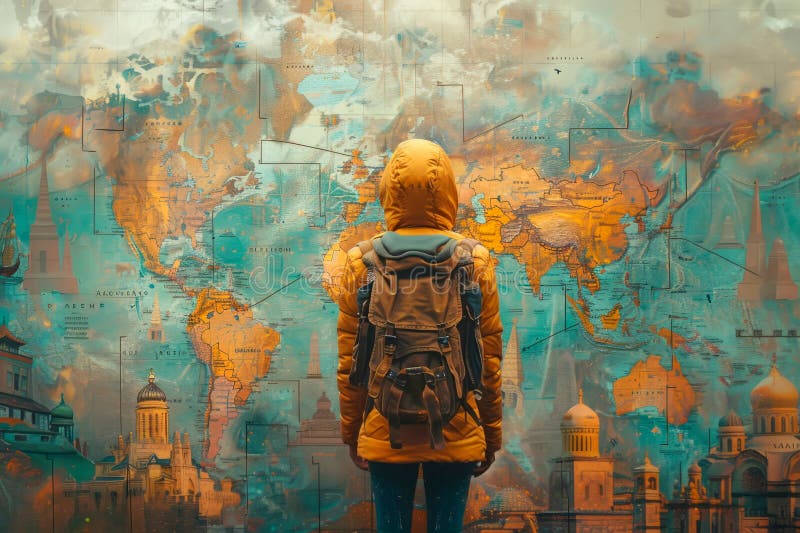 Dynamic Image of a Traveler Exploring a World Map Filled with Different ...