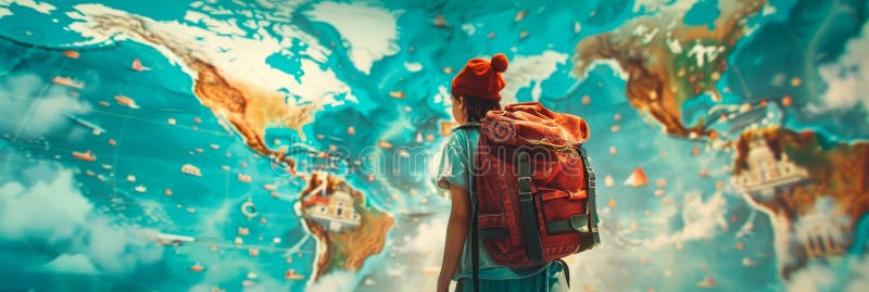 Dynamic Image of a Traveler Exploring a World Map Filled with Different ...