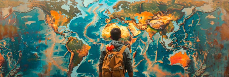 Dynamic Image of a Traveler Exploring a World Map Filled with Different ...