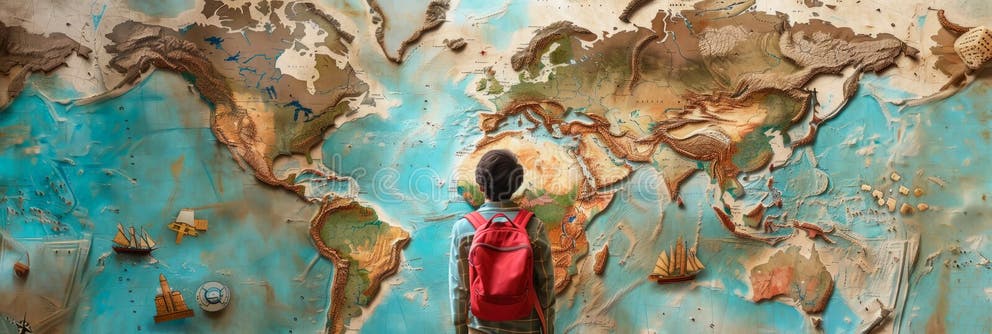 Dynamic Image of a Traveler Exploring a World Map Filled with Different ...