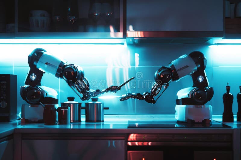 Futuristic Kitchen with Two Robots Preparing Food in a Modern Home ...