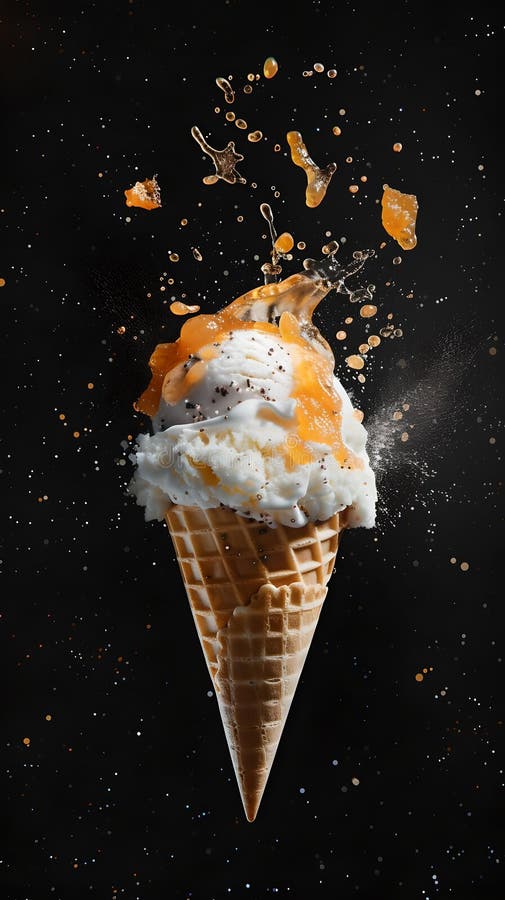 Refreshing Vanilla Ice Cream Cone with Dynamic Caramel Splash on a Dark ...