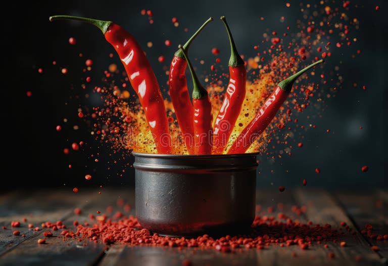 Chili Peppers Bursting with Red Seeds and Spicy Particles, Creating ...