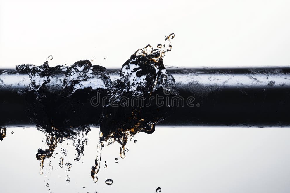 Water Burst from Broken Black Pipe with Splashes of Liquid Droplets ...