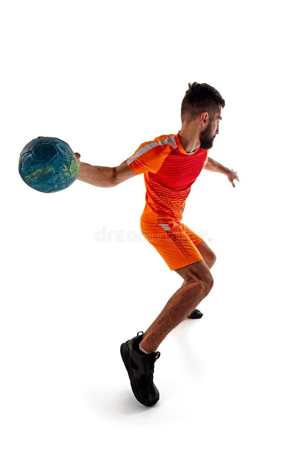 Dynamic Image of Young Bearded Man in Orange Uniform, Handball Player ...