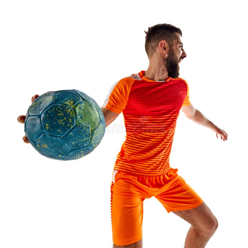 Dynamic Image of Young Bearded Man in Orange Uniform, Handball Player ...