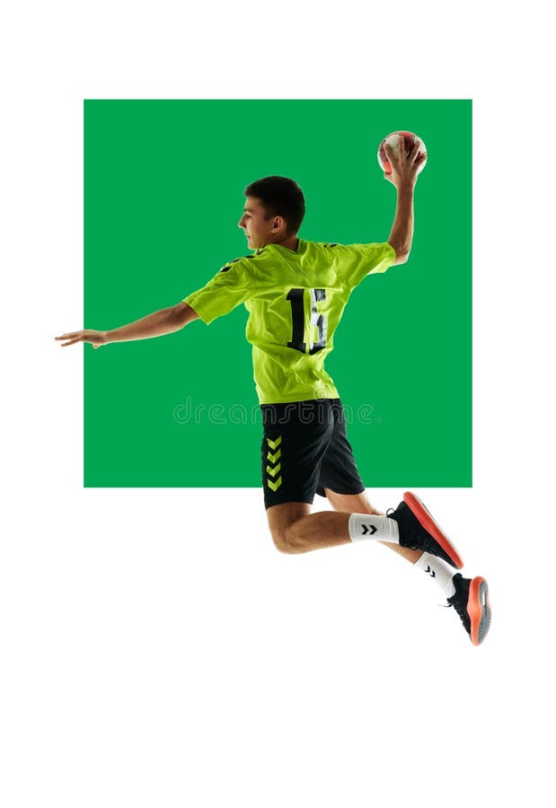 Dynamic Image of Young Man, Handball Player in Motion with Ball Against ...