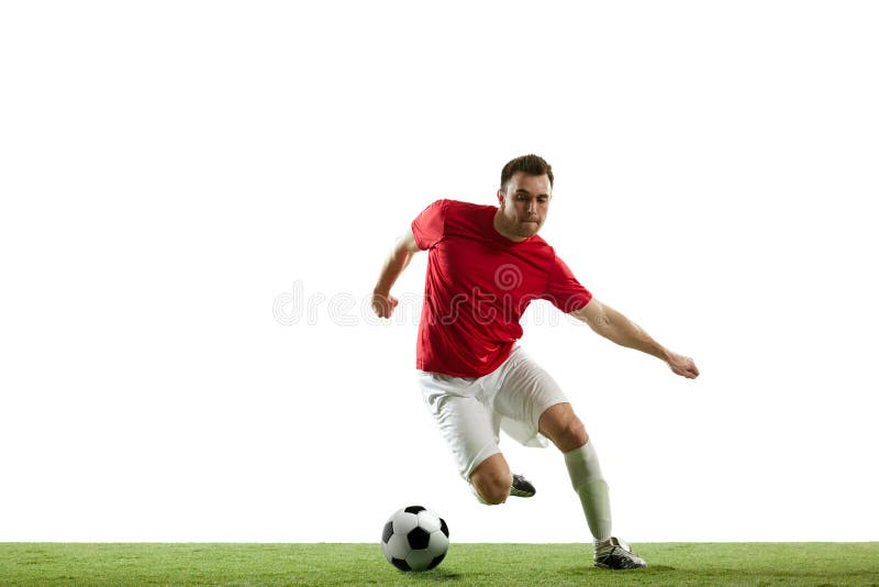 Dynamic Image of Young Man, Soccer Player in Motion with Ball, Running ...