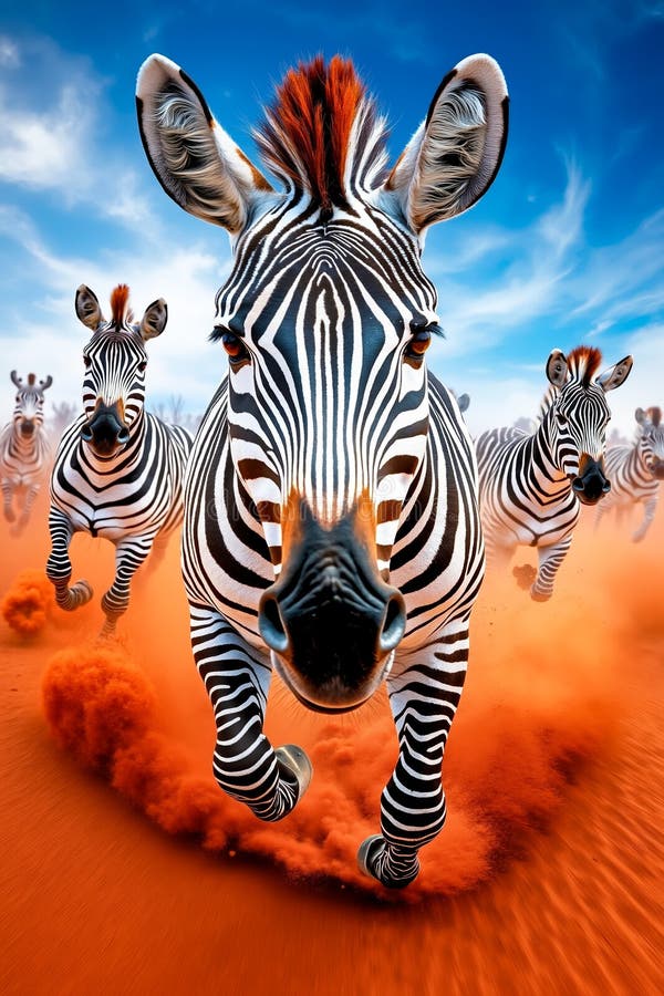 A Group of Zebras Running through a Desert with a Blue Sky in the ...