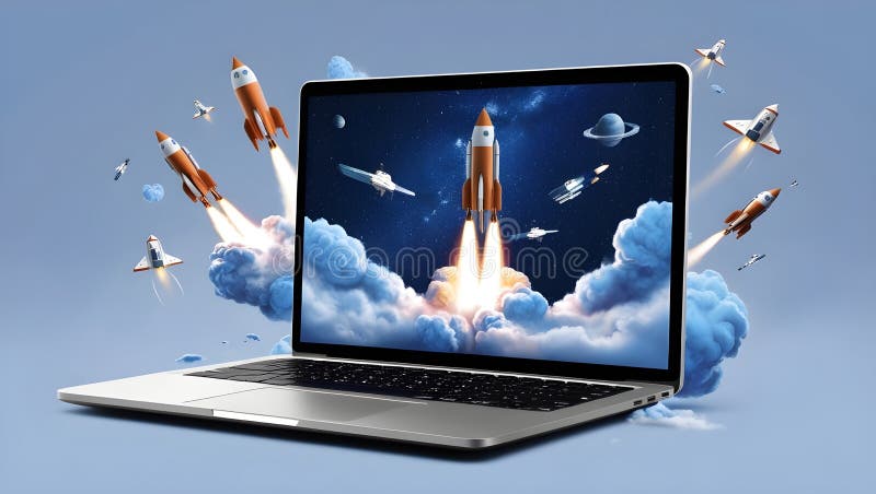 Rocket Launching from Laptop Screen with Outer Space Background Stock ...