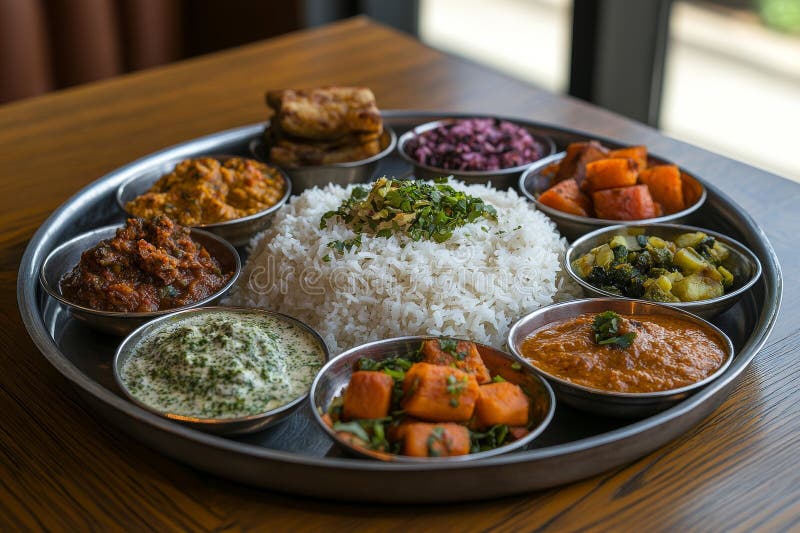 A Dynamic Indian Thali with Aromatic Curry, Rice, and Spiced Vegetables ...