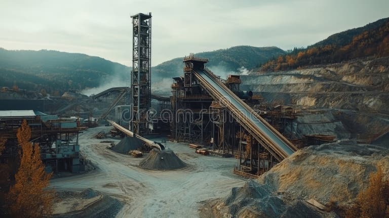 Dynamic Industrial Mining Operation Featuring Conveyor Belts and Active ...