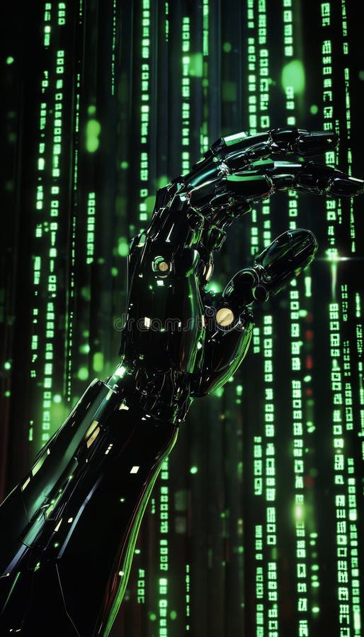 Dynamic Industrial Robot Arm Against Black Canvas Filled with Luminous ...