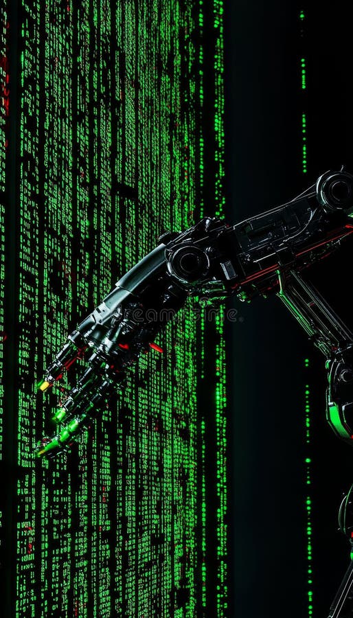 Dynamic Industrial Robot Arm Amidst Luminous Green Code in a Striking ...