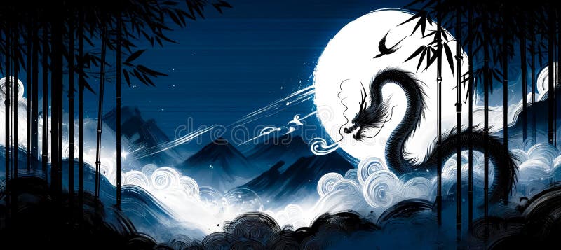 Dragon Under a Moonlit Blue Sky Dynamic Ink Art Banner Stock ...
