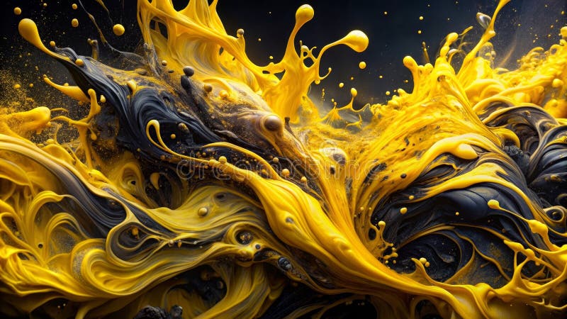 Dynamic Interplay of Black and Yellow Fluid Swirls Creating Abstract ...