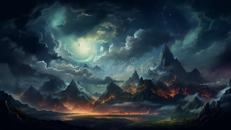 Painting of Volcano and Dark Moon Sky. Abstract Stock Illustration ...