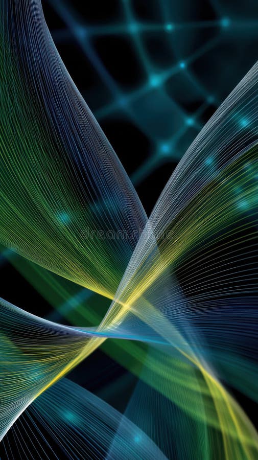 Dynamic Interplay of Green Blue and Yellow Abstract Lines on Dark ...