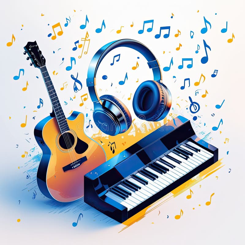 A Dynamic Isometric Illustration of Musical Instruments and Notes Stock ...