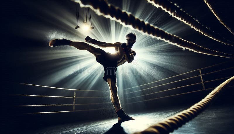Dynamic Kick in an Illuminated Boxing Ring Stock Illustration ...