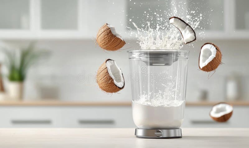 A Dynamic Kitchen Scene Captures Coconuts Falling into a Blender ...