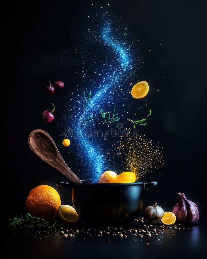 A Dynamic Kitchen Scene Featuring Vibrant Ingredients and Flying ...