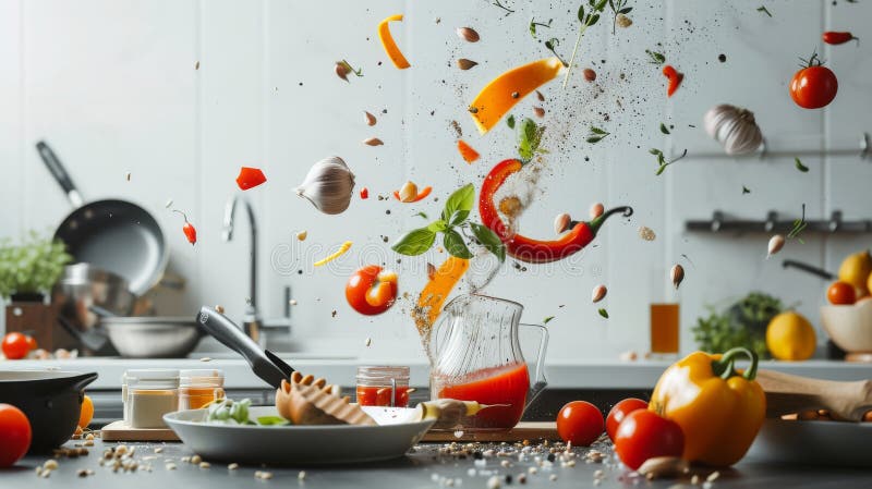Dynamic Kitchen Scene with Flying Vegetables and Spices Stock Photo ...
