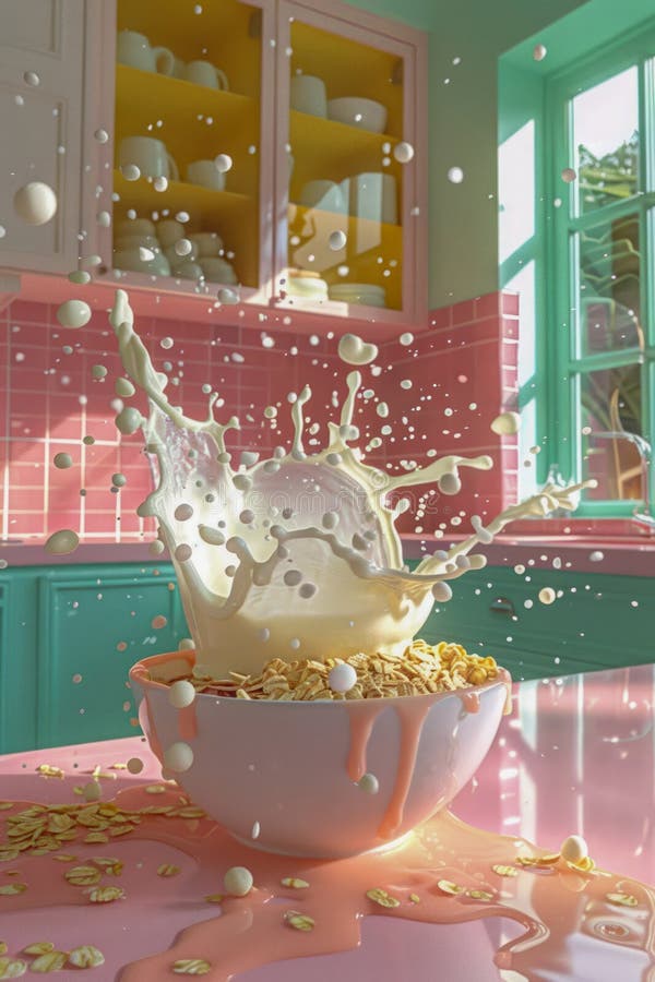 Dynamic Kitchen Scene with Splashing Milk and Overflowing Cereal Bowl ...