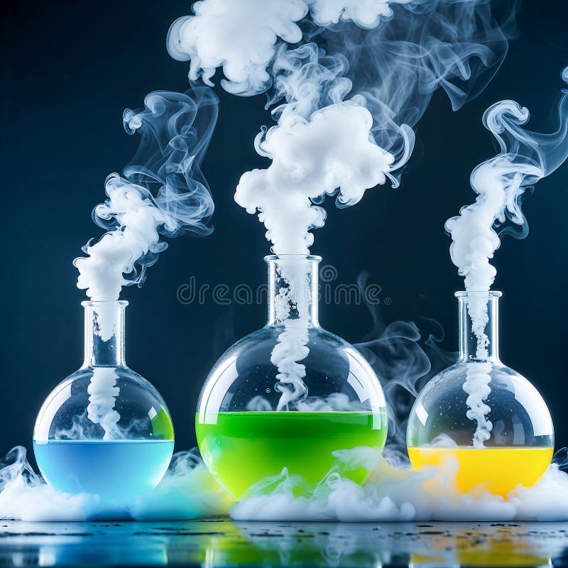 Dynamic Laboratory Flask Arrangement with Colored Liquids on Dark ...