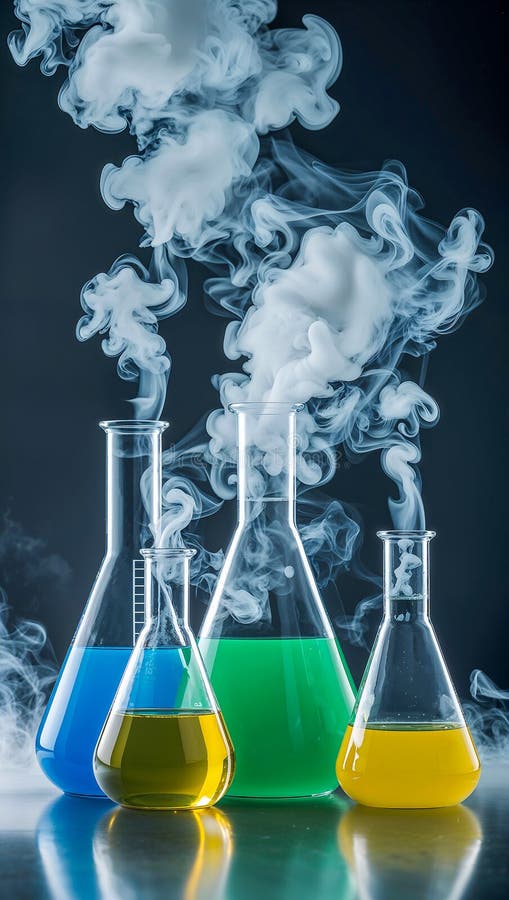 Dynamic Laboratory Flask Arrangement with Colored Liquids on Dark ...