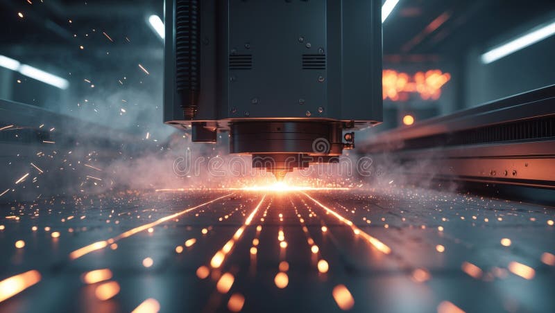 Dynamic Laser Machine at Work Sparks and Light Beams on Metal Surface ...