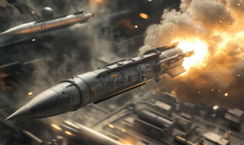 Dynamic Launch of a Missile through Explosive Skies Stock Photo - Image ...
