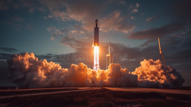 Dynamic Launch of a Modern Rocket in Dramatic Evening Light Showcasing ...