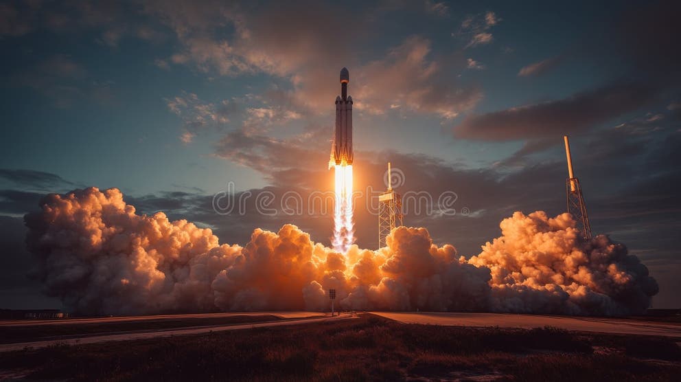 Dynamic Launch of a Modern Rocket in Dramatic Evening Light Showcasing ...