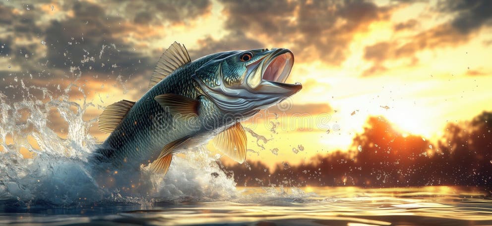 Dynamic Leaping Fish at Sunset Creating Splashes in Tranquil Waters ...