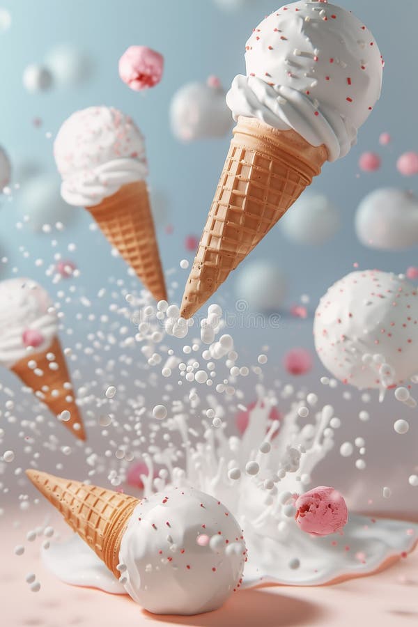 Dynamic Levitating Ice Cream Cones with Splashing Milk and Flying ...