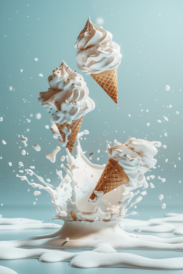 Ice Cream Cones Flying in the Air with Milk Splash on Blue Background ...