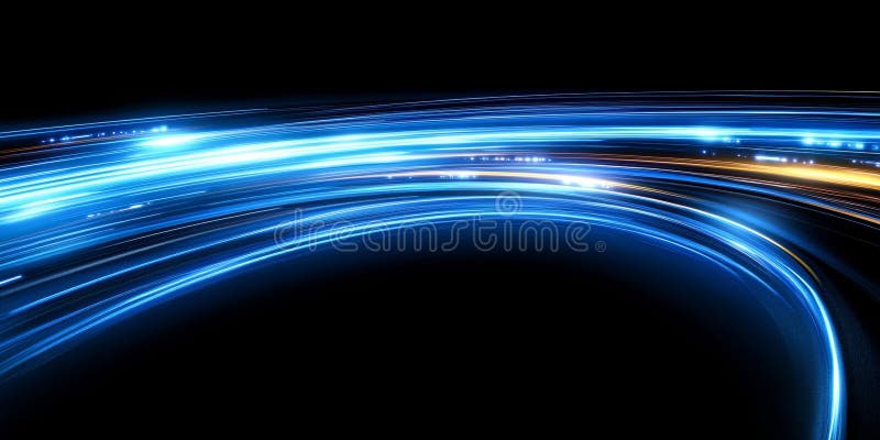 Dynamic Light Trails on a Curved Road at Night, Vibrant Blue Light ...
