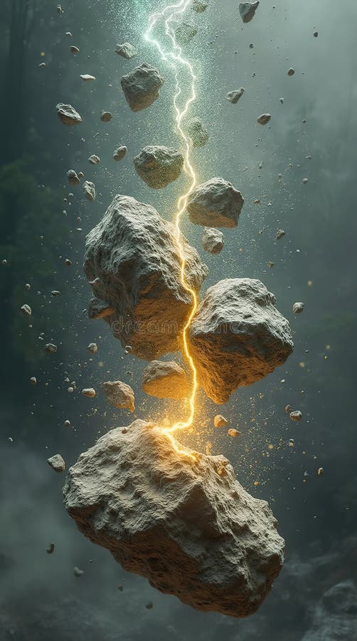 Dynamic Lightning Strike Over Floating Rocks in a Dark Forest Stock ...