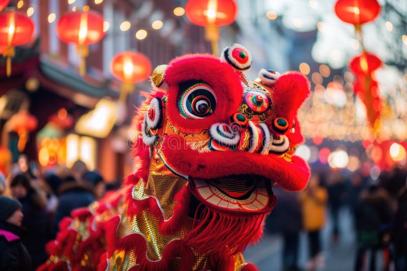Dynamic Lion Dance Performance in a Bustling Festival Setting ...