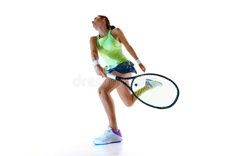 Dynamic, Low Angle Shot of Tennis Player in Mid-leap Holds Racket in ...