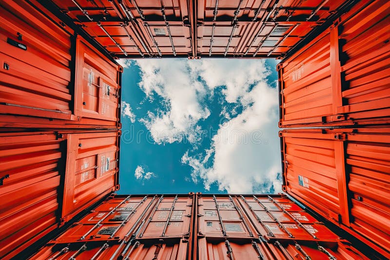 A Dynamic Low-angle View of Red Shipping Containers Forming a Square ...